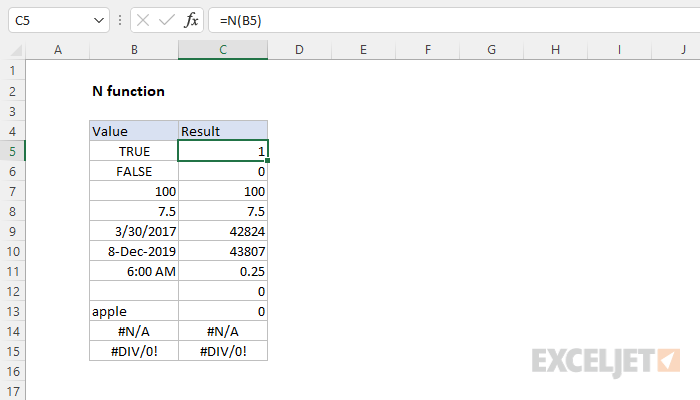 How To Use The Excel N Function Exceljet 